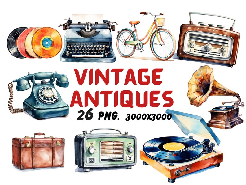 Watercolor Vintage Antiques 26 Clipart, Antique Telephone Clipart ...