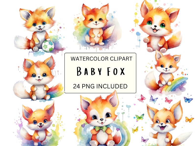 24 Watercolor Rainbow Fox Clip Art, Colorful Fox Clipart, , Fox ...