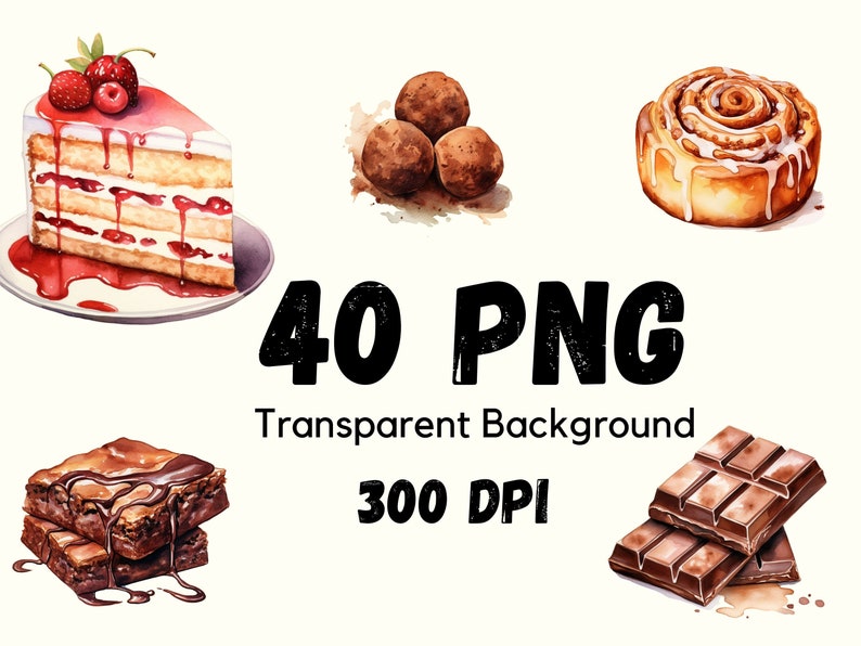 Watercolor Cute Sweets 40 Clipart, Chocolate Cookies, Sweet Macarons ...