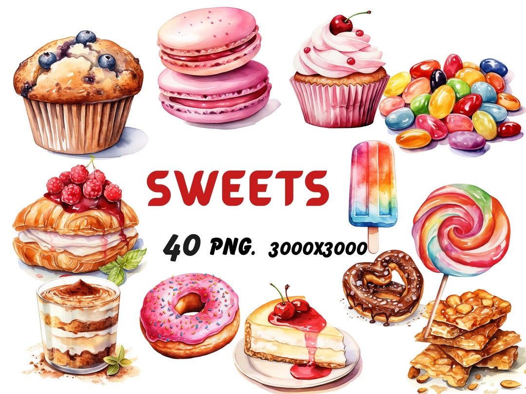 Watercolor Cute Sweets 40 Clipart, Chocolate Cookies, Sweet Macarons ...