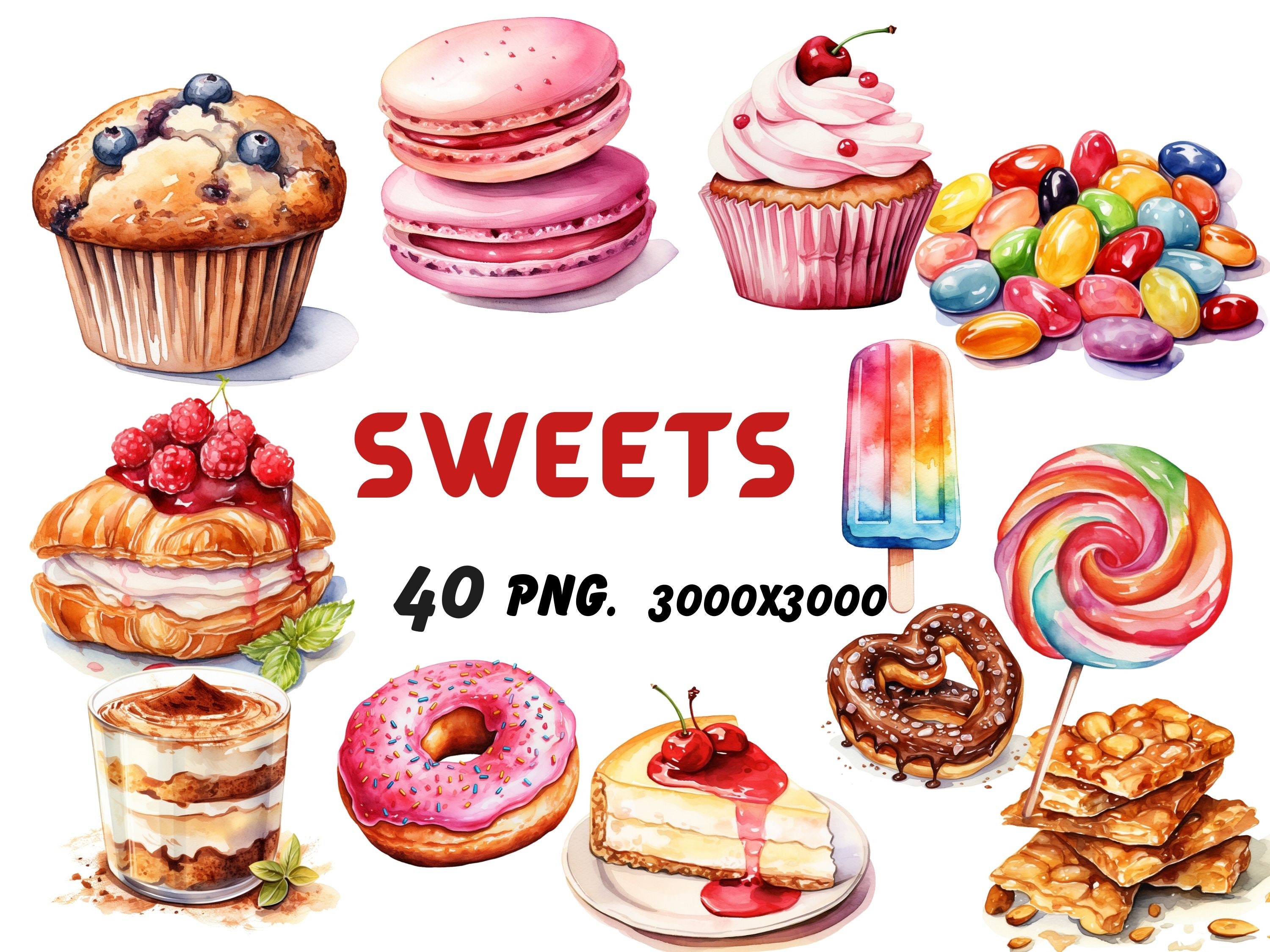 Watercolor Cute Sweets 40 Clipart, Chocolate Cookies, Sweet Macarons ...