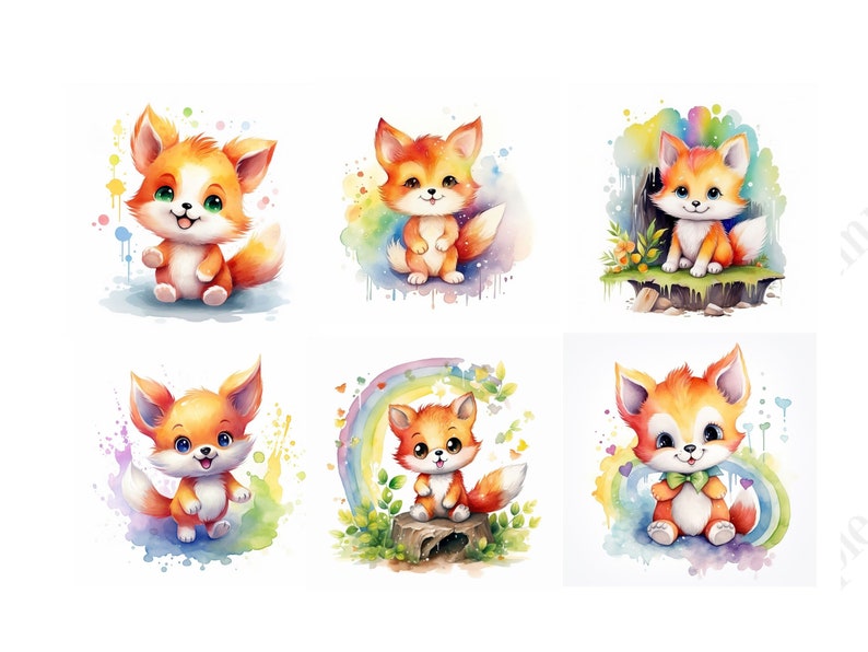 24 Watercolor Rainbow Fox Clip Art, Colorful Fox Clipart, , Fox ...