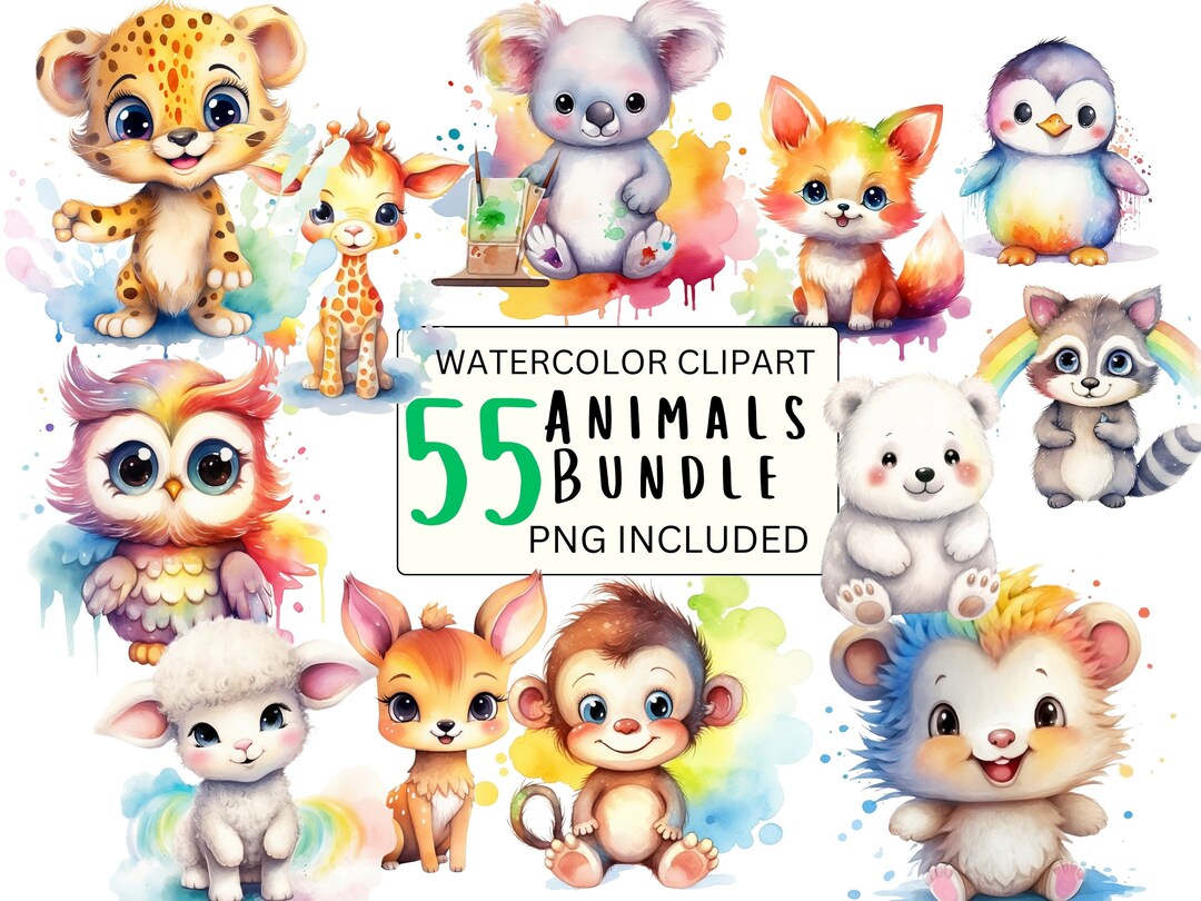 Watercolor 55 Safari Animals PNG Bundle - 55 Whimsical Baby Animal ...
