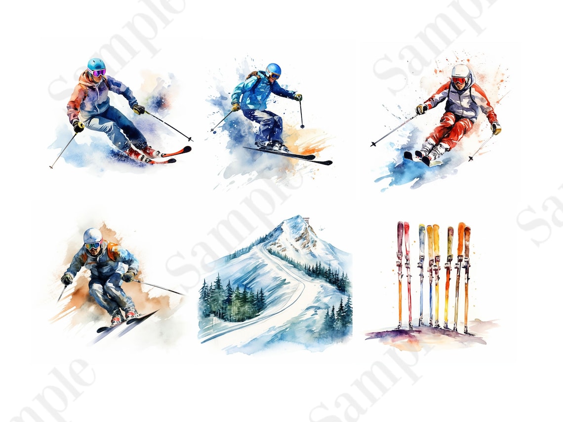 Watercolor Ski Themed Clipart, Winter Sports Clipart, Skiing ...