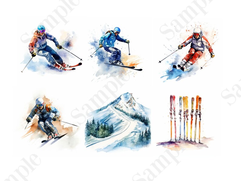 Watercolor Ski Themed Clipart, Winter Sports Clipart, Skiing ...