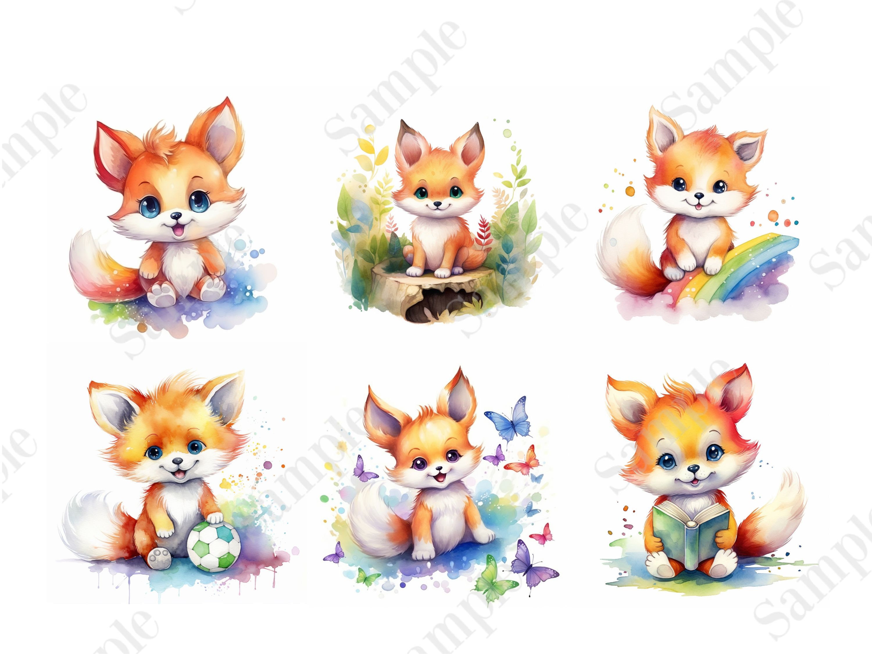 24 Watercolor Rainbow Fox Clip Art, Colorful Fox Clipart, , Fox ...