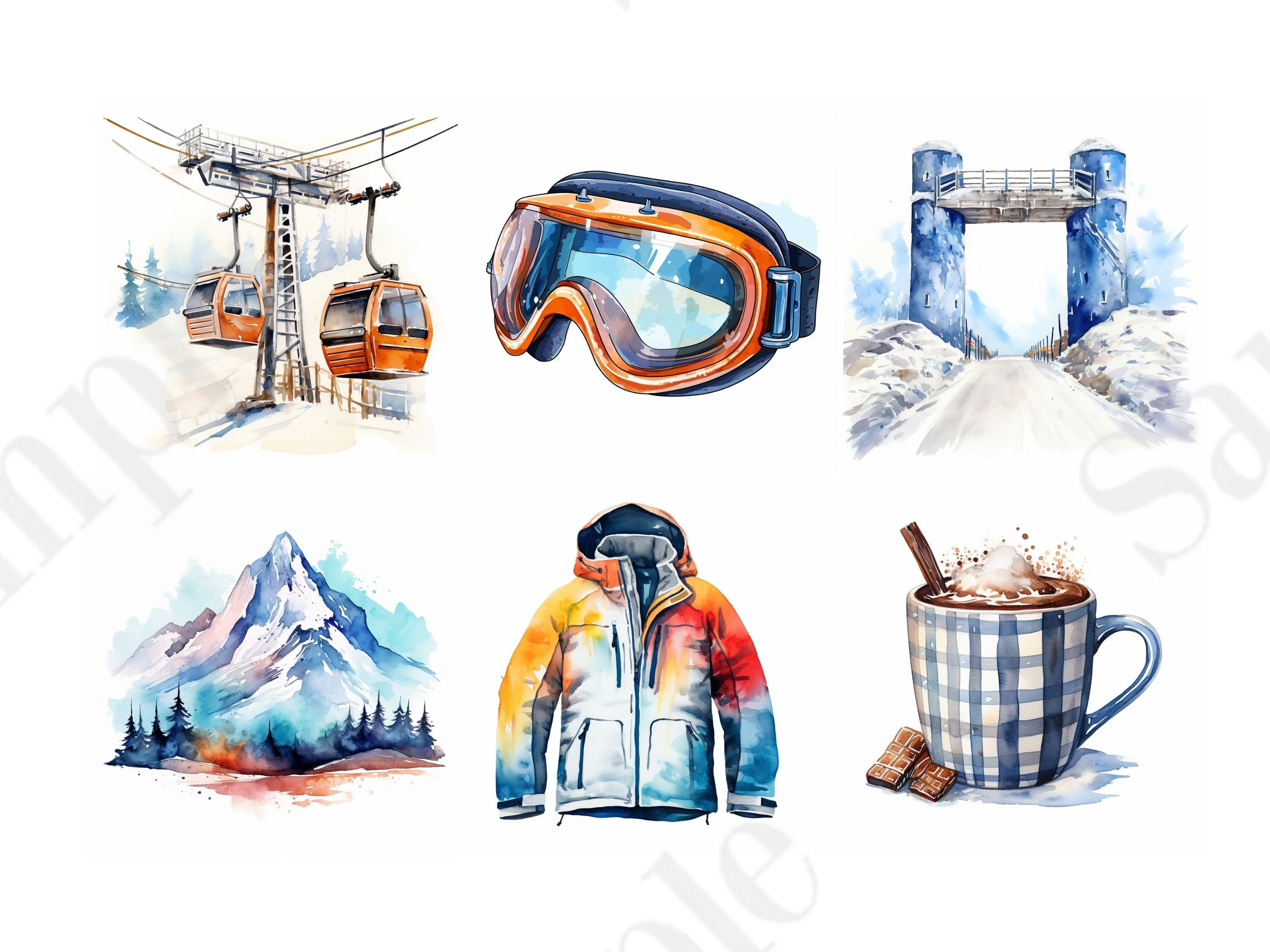 Watercolor Ski Themed Clipart, Winter Sports Clipart, Skiing ...