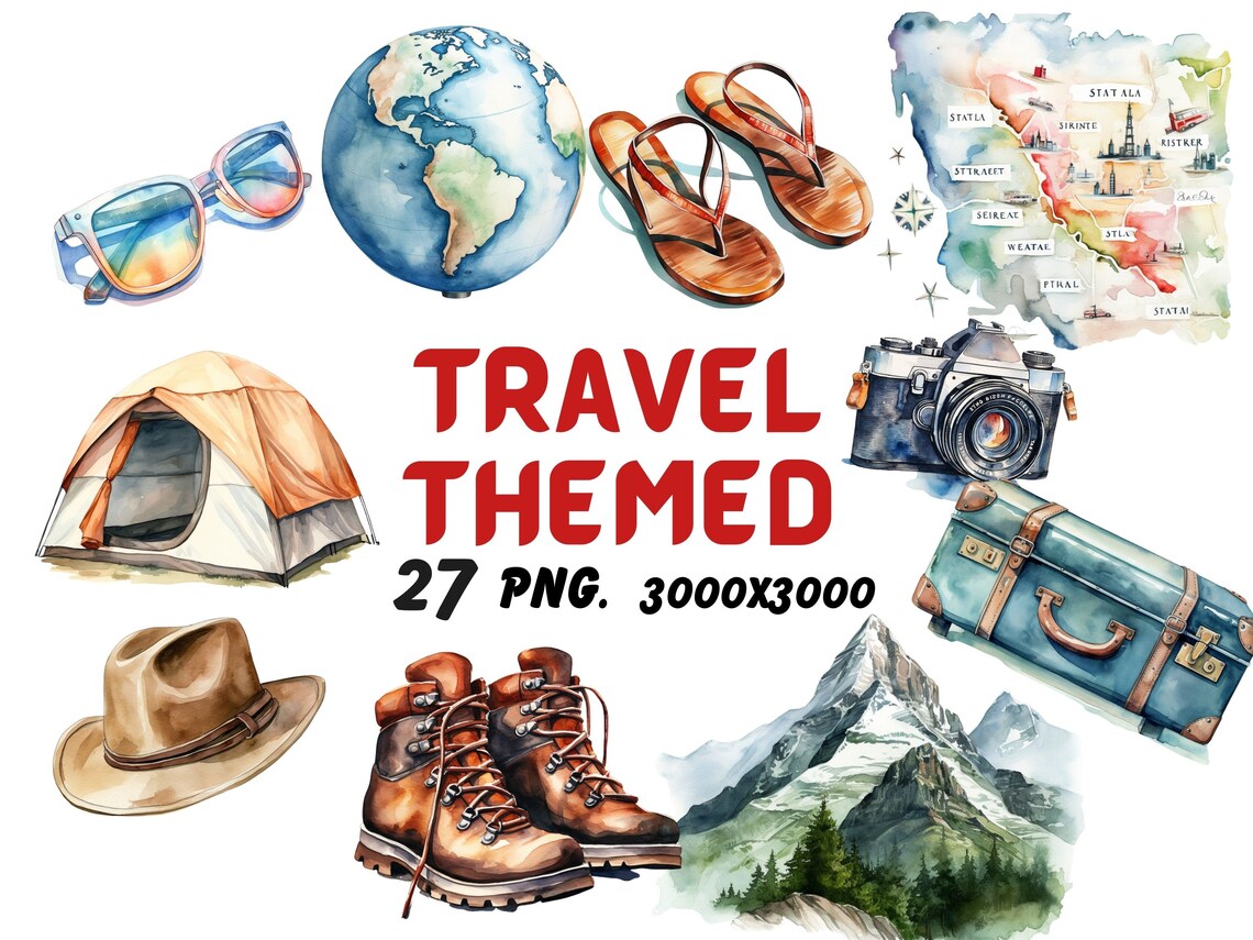 Watercolor Travel Themed Clipart, Summer Camper Clipart, Travel ...