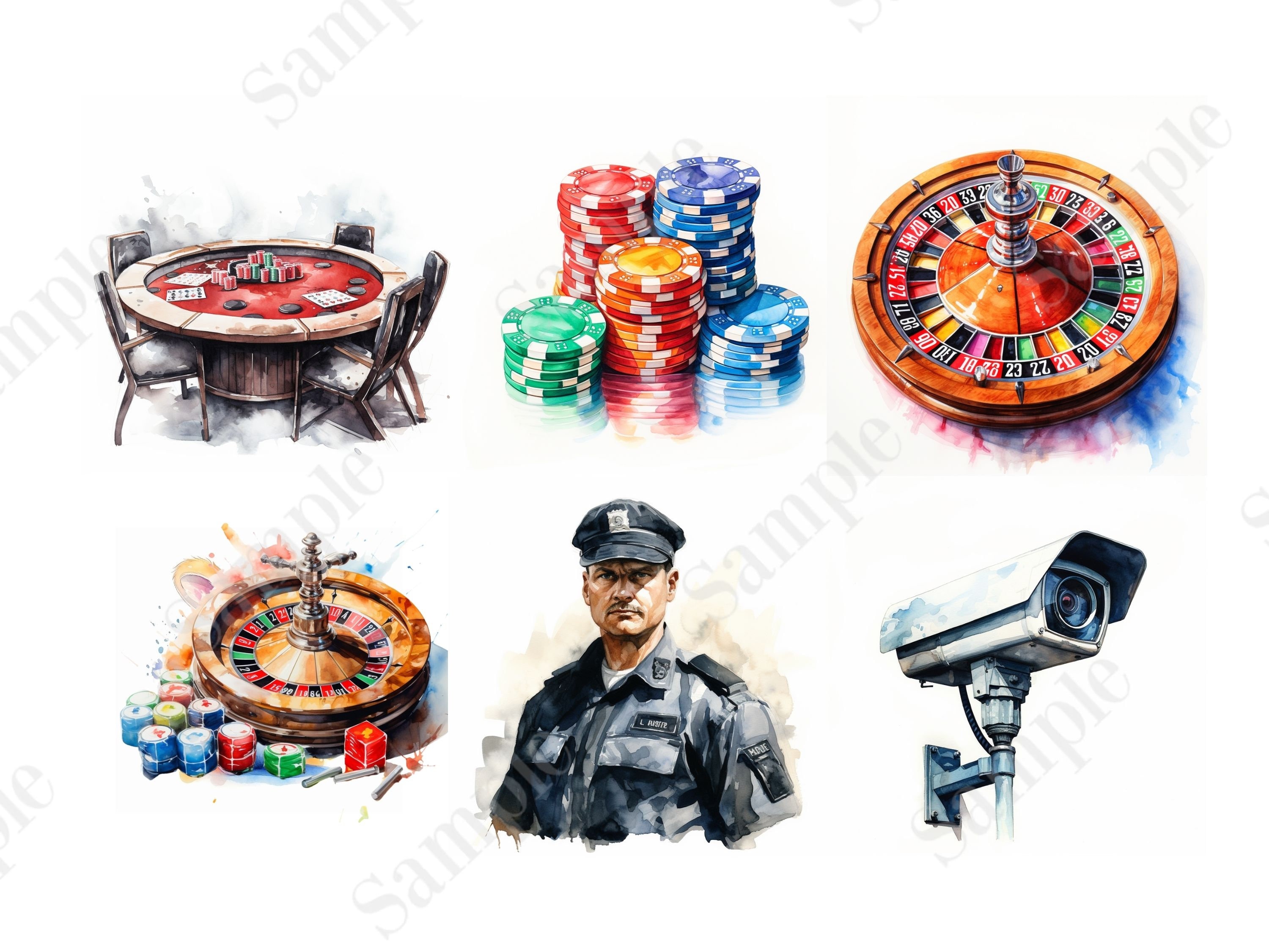Watercolor Casino Themed Clipart, Las Vegas Clipart, Casino ...