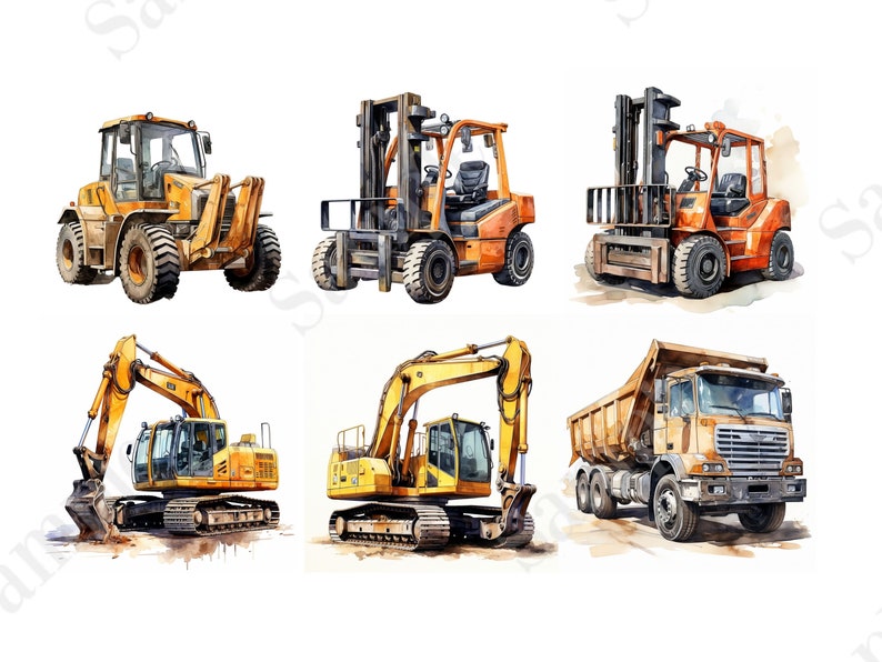 Watercolor Construction Vehicles Clipart | Excavator, Bulldozer, Cement ...