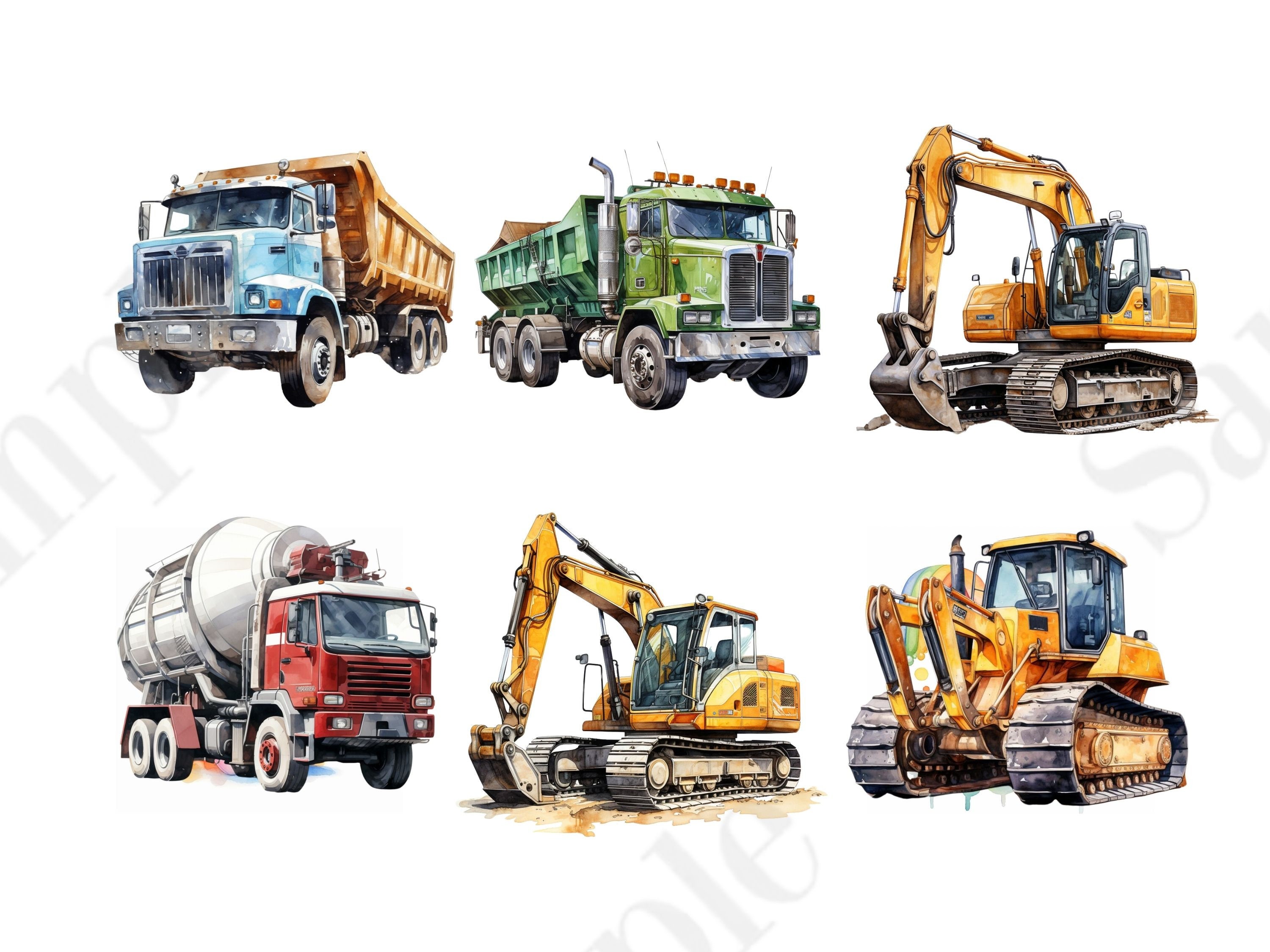 Watercolor Construction Vehicles Clipart | Excavator, Bulldozer, Cement ...