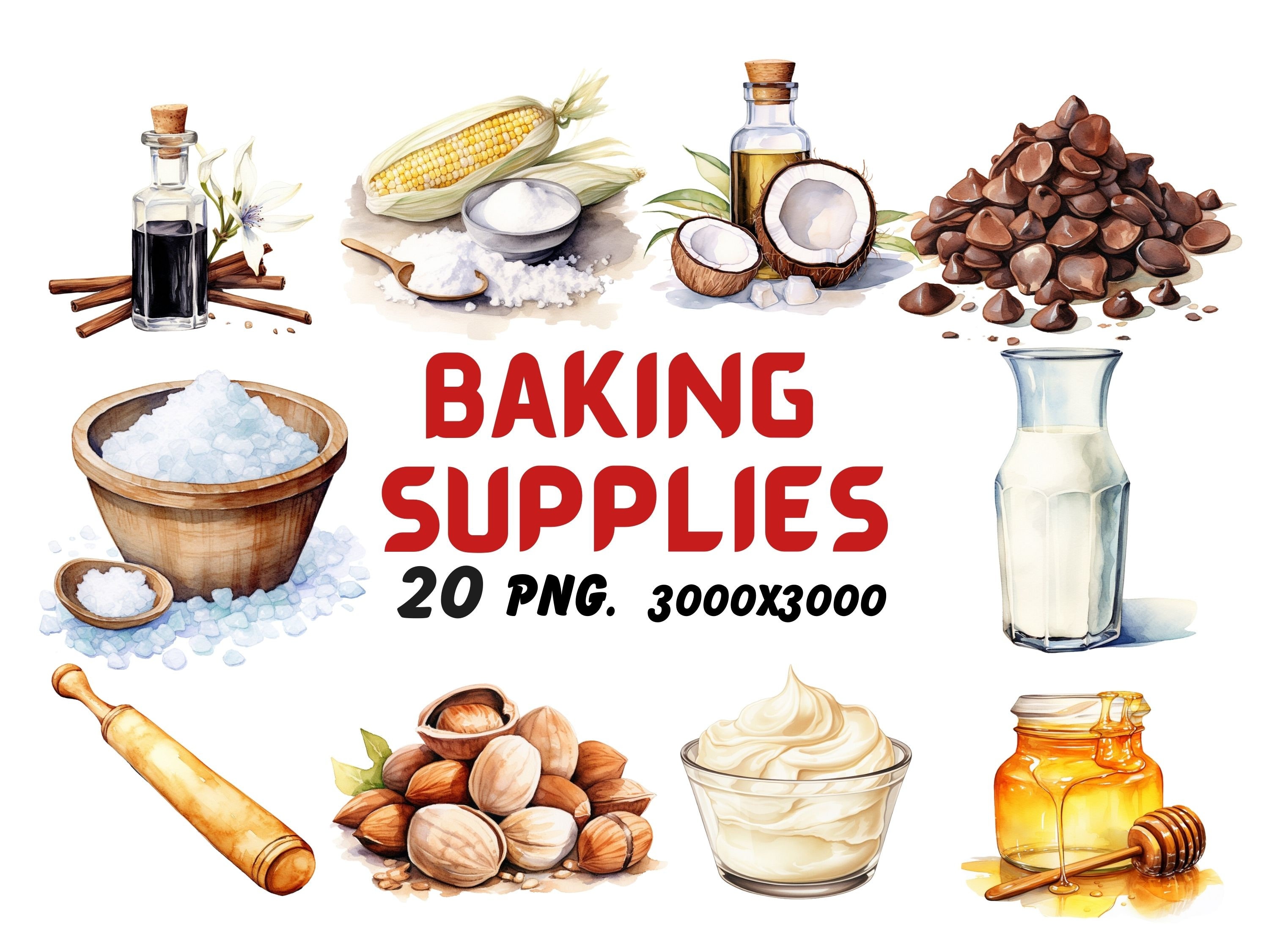 Watercolor Baking Supplies Clipart, Baking Ingredients Clipart ...