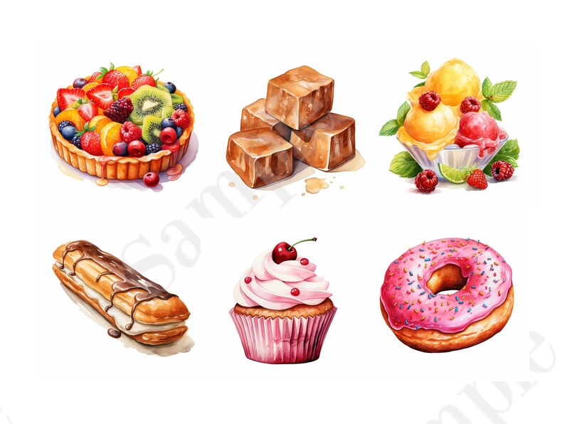 Watercolor Cute Sweets 40 Clipart, Chocolate Cookies, Sweet Macarons ...