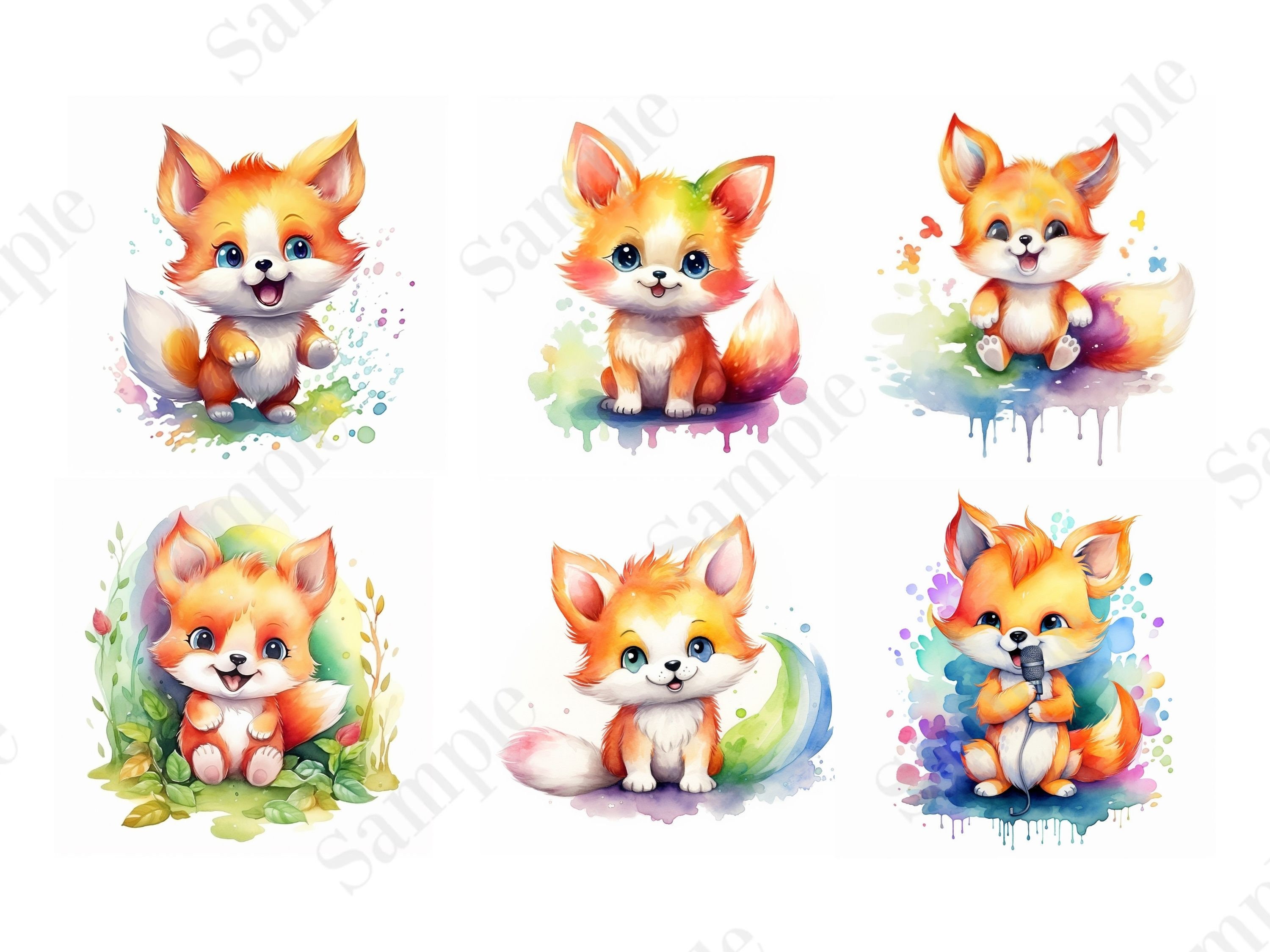 24 Watercolor Rainbow Fox Clip Art, Colorful Fox Clipart, , Fox ...