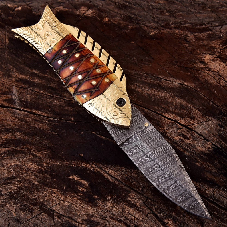 Handmade Damascus Steel Fish Shape Knife Pocket Knife Handle Micarta ...