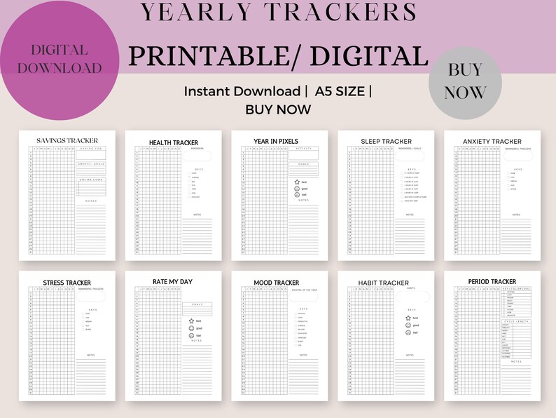Yearly Trackers Set Printable Journal Planner Inserts Printable ...