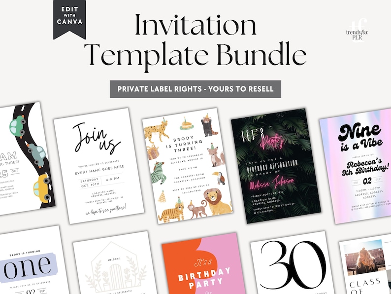 PLR Invitation Canva Template Bundle, Resell Rights, Commercial Use ...