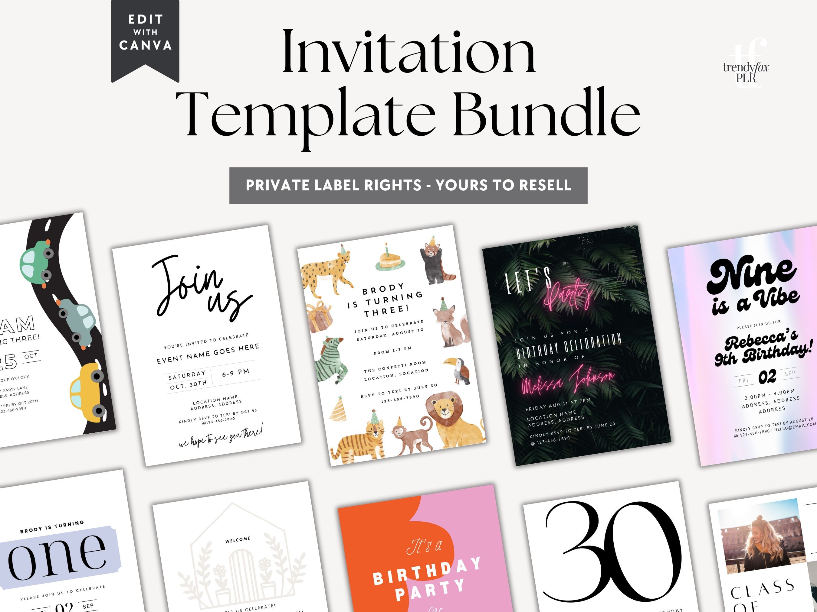 PLR Invitation Canva Template Bundle, Resell Rights, Commercial Use ...