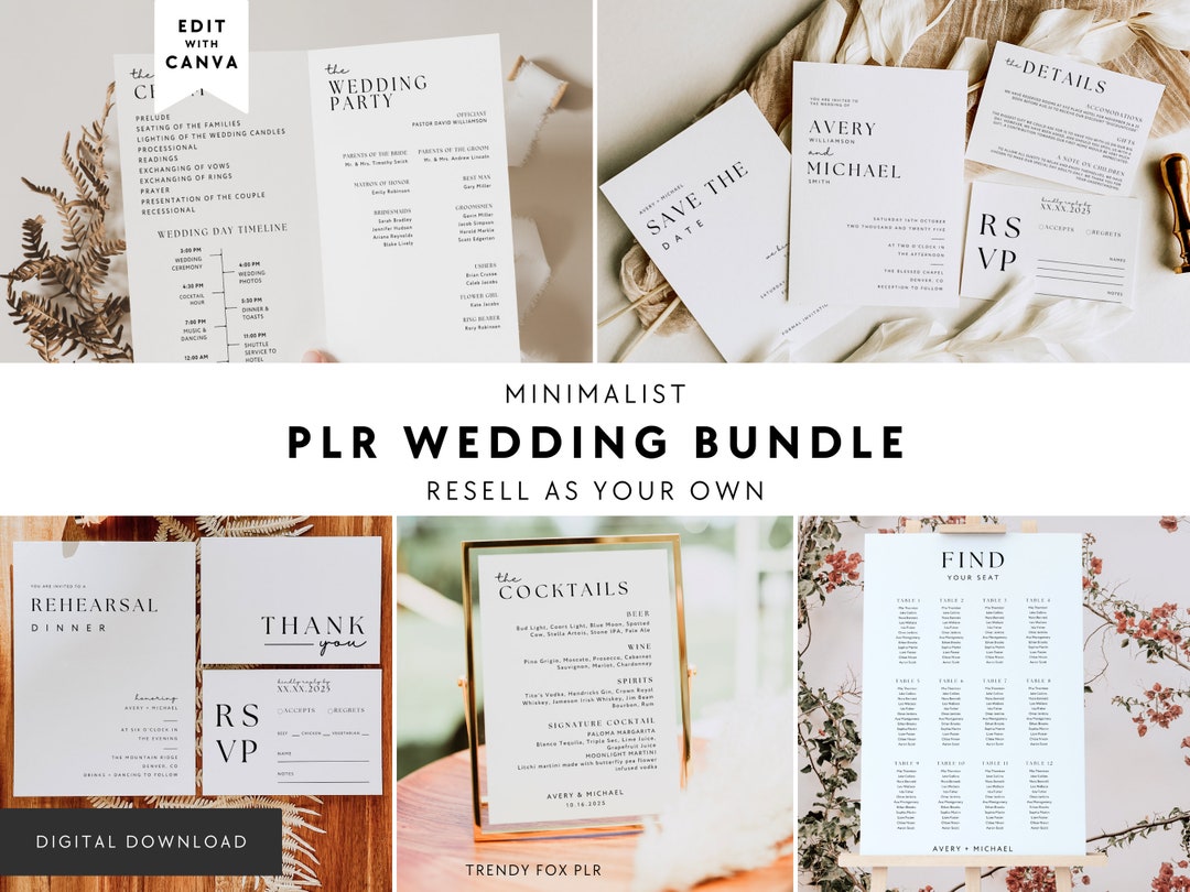 PLR Minimalist Wedding Template Bundle Canva, Resell Rights Editable Modern Wedding Invite Suite ...