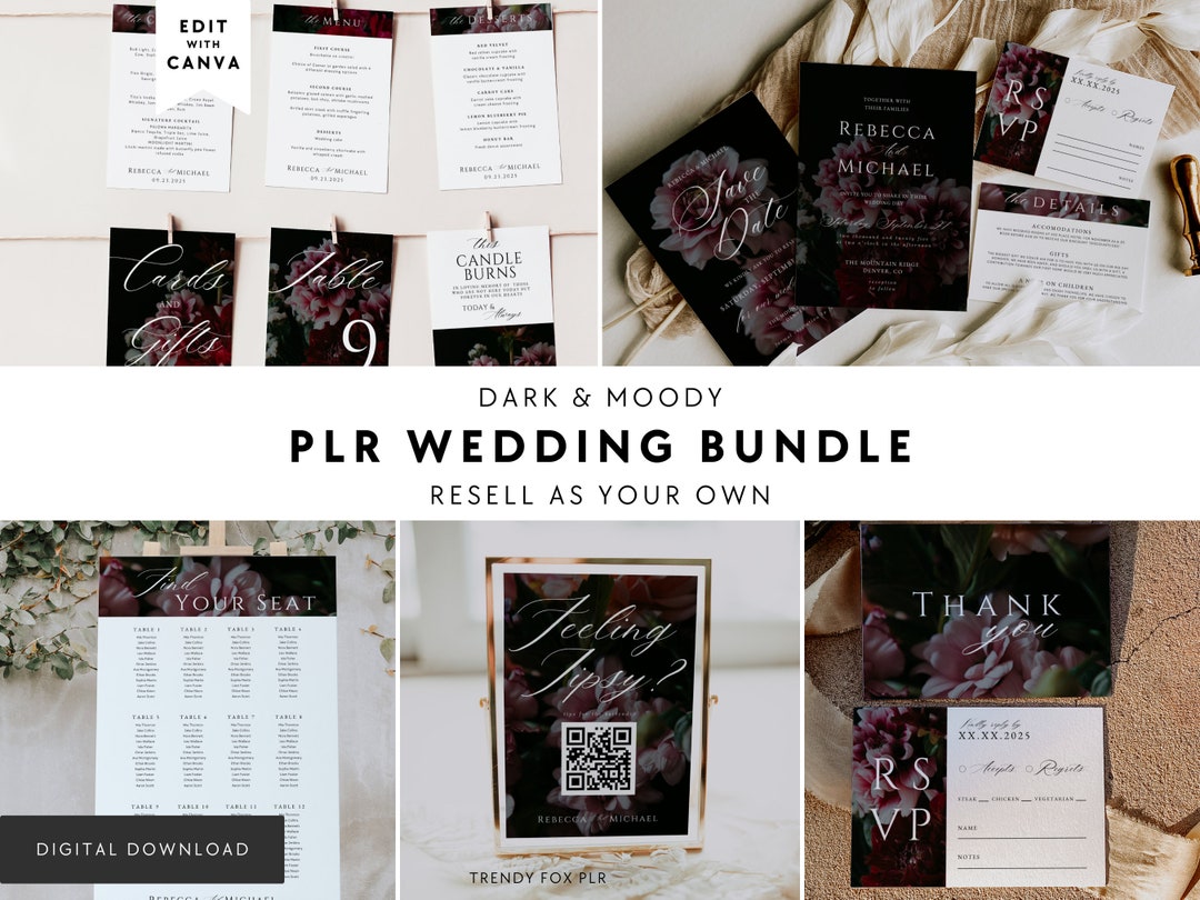 PLR Dark & Moody Wedding Template Bundle Canva, Resell Rights Editable Modern Wedding Invite ...