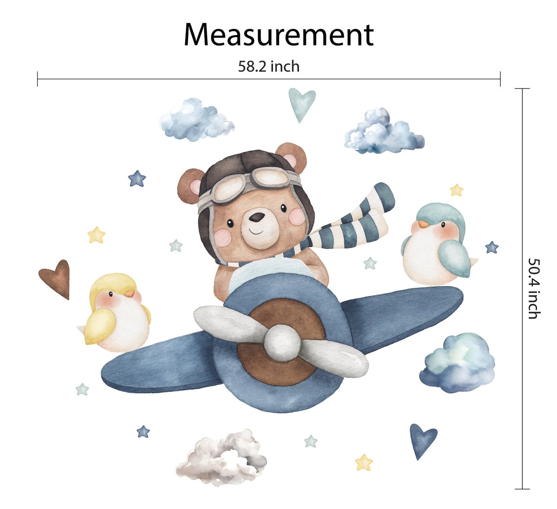Free Shipping Teddy Bear Wall Decal Watercolor Bear Wall Art Airplane ...