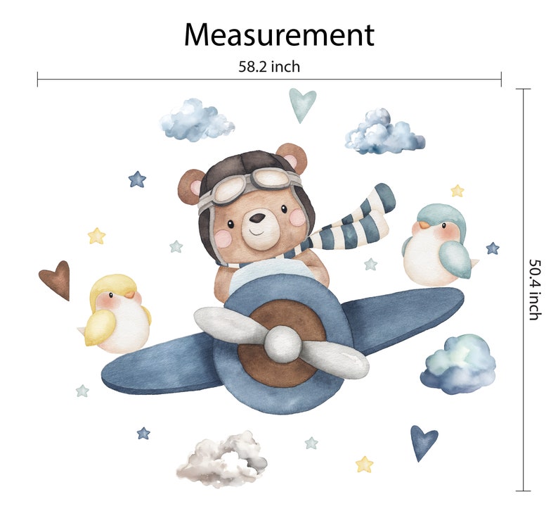 Free Shipping Teddy Bear Wall Decal Watercolor Bear Wall Art Airplane ...