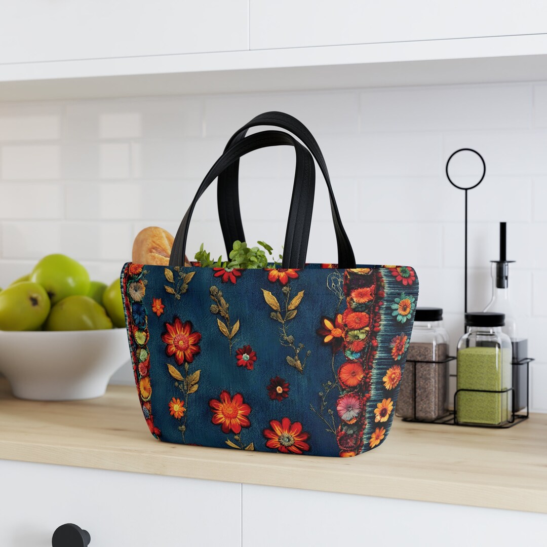 Embroidery Inspired Print. Floral Art Print. Colorful Lunch Bag. Lunch ...