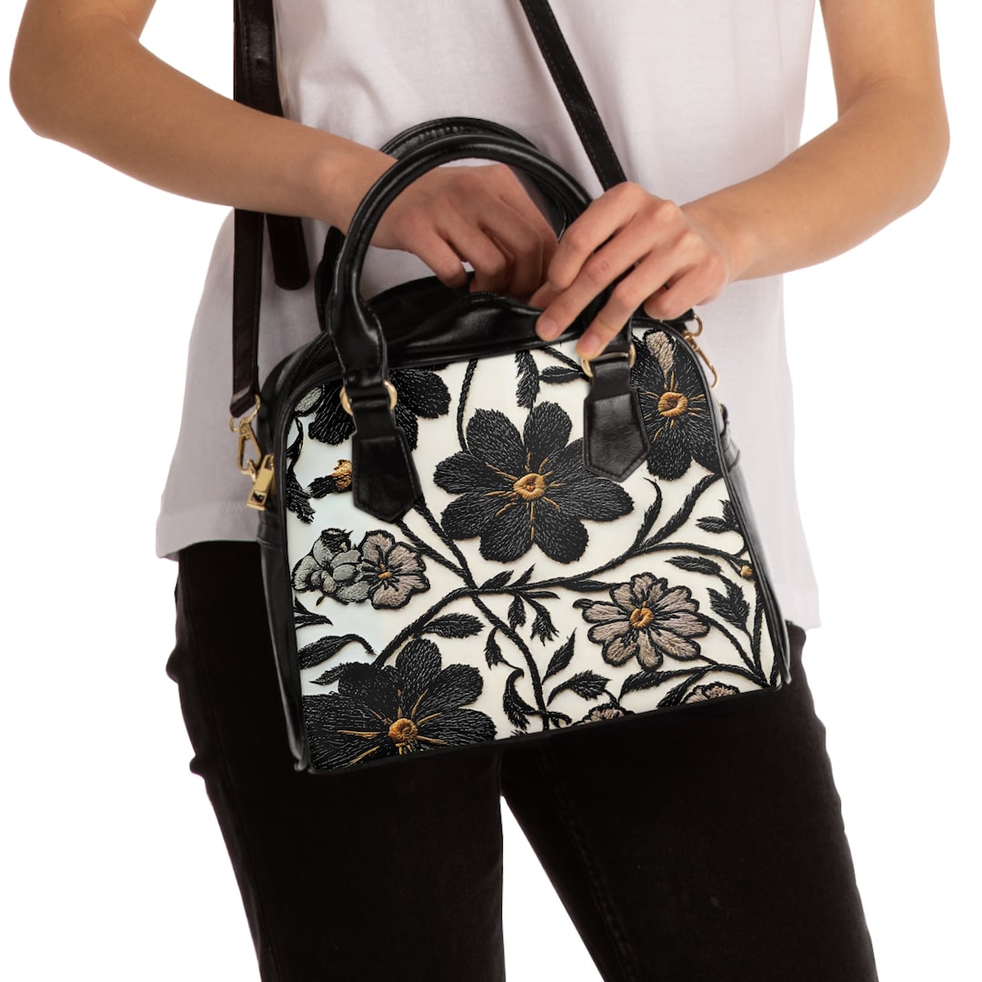 Black Embroidered Floral Print Purse. Small Purse. Black and White ...