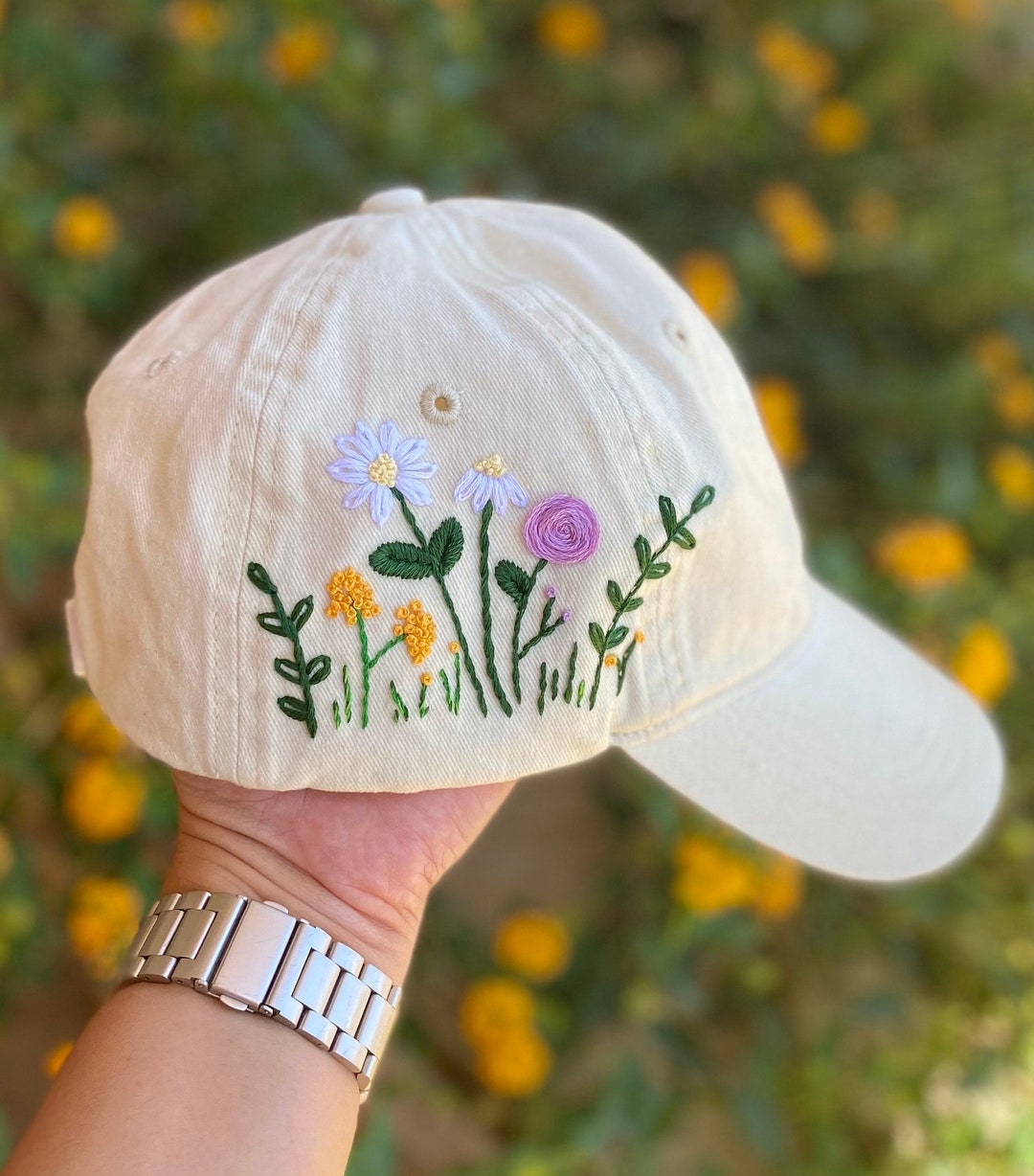 Hand Embroidered Baseball Hat. Floral Embroidery. Hand Embroidered Cap ...