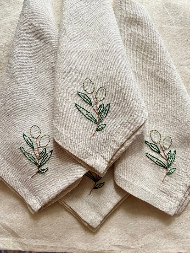 Hand Embroidered Olive Branch Cotton Napkins - Etsy