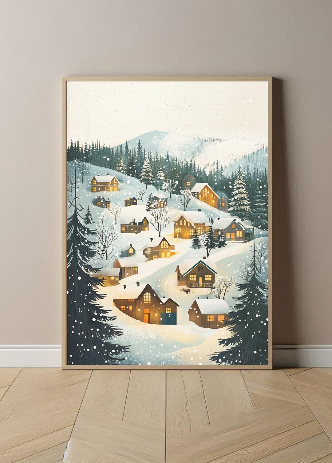 Winter Village Landscape Digital Download Print ~ Cozy Snowy Cottages ...