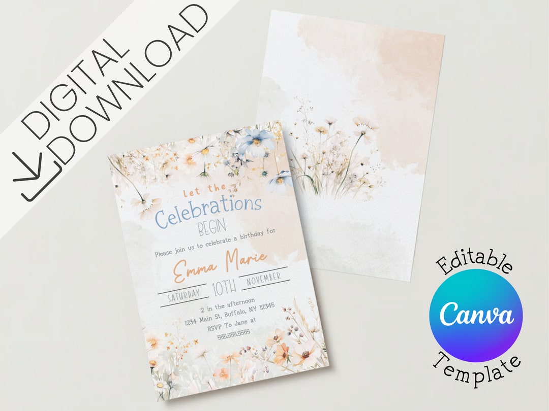 Floral Birthday Party Invitation, Editable Canva Template, Flower Theme ...