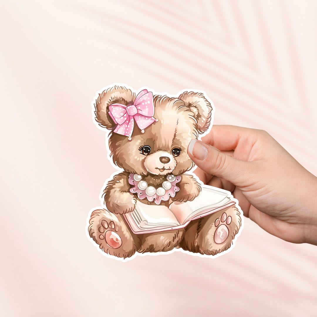 Teddy Bear Reading Book Sticker, Cute Bookish Vinyl Sticker, Bookish ...