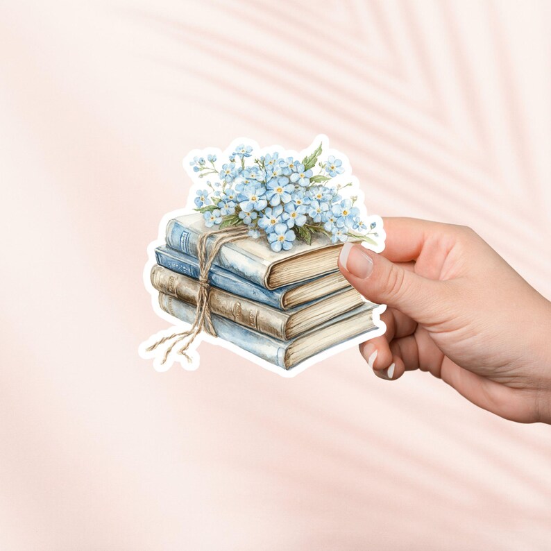Vintage Books and Blue Flowers Sticker, Cute Bookish Vinyl Sticker ...