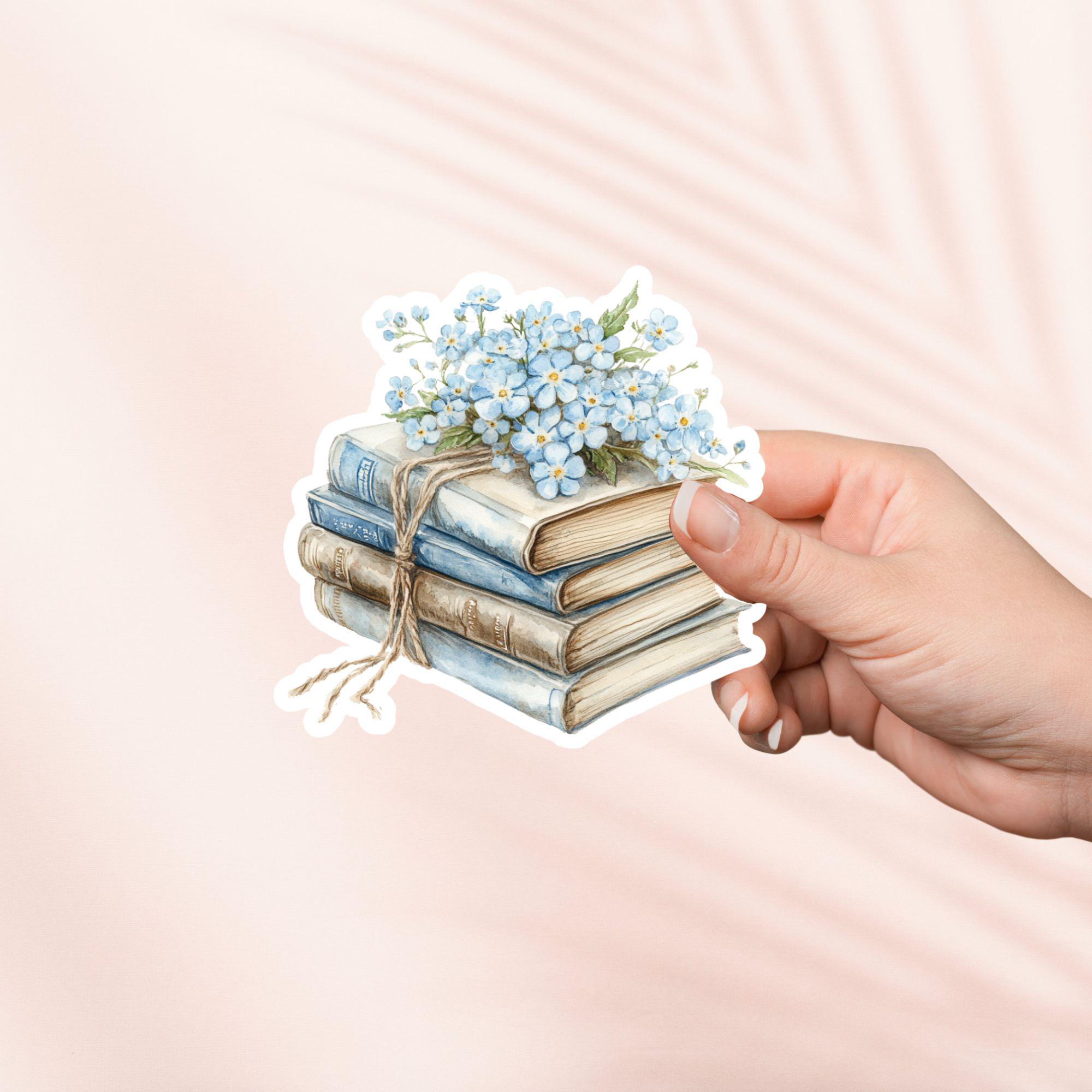 Vintage Books and Blue Flowers Sticker, Cute Bookish Vinyl Sticker ...