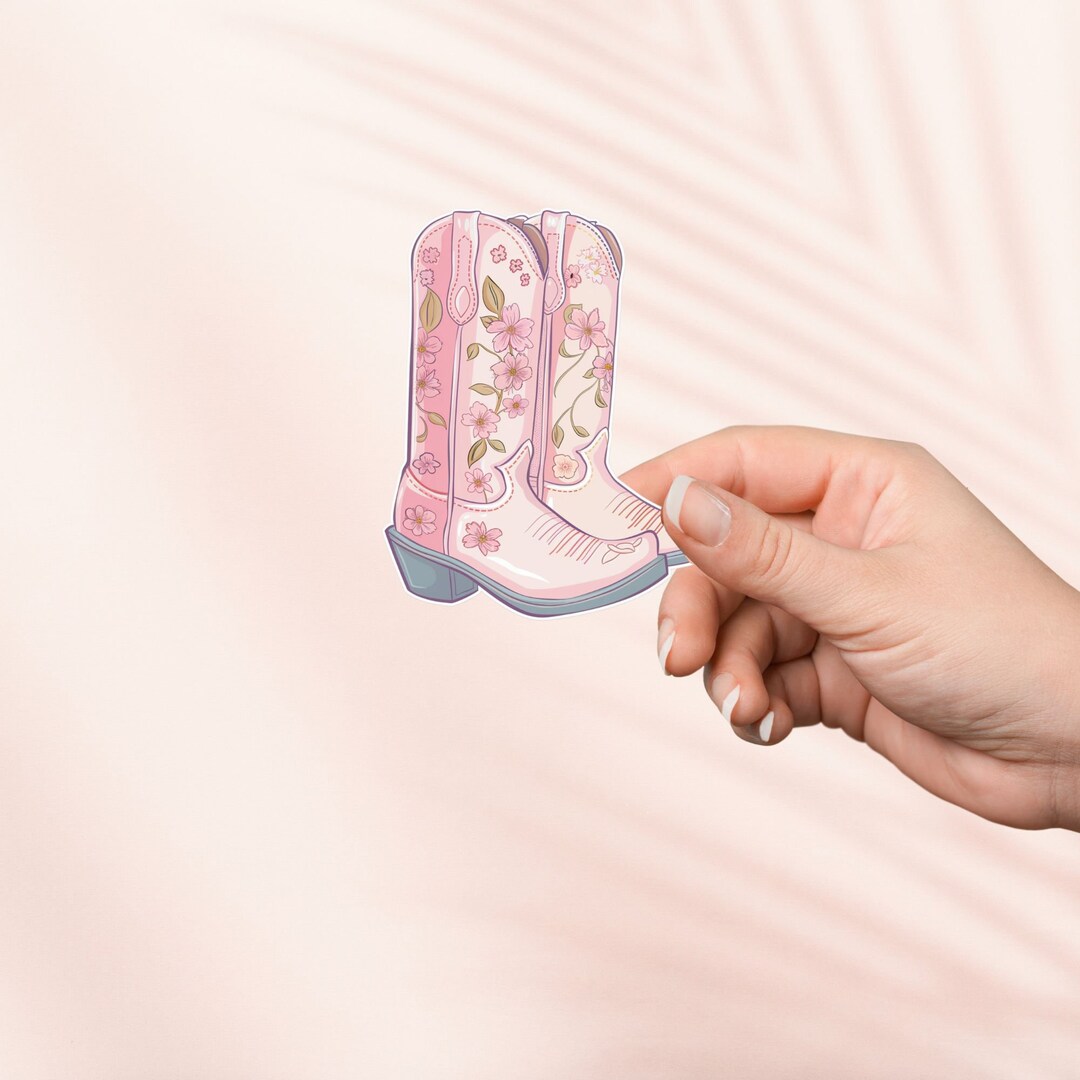 Pink Floral Cowgirl Boots Sticker, Cute Cottagecore Vinyl Sticker ...