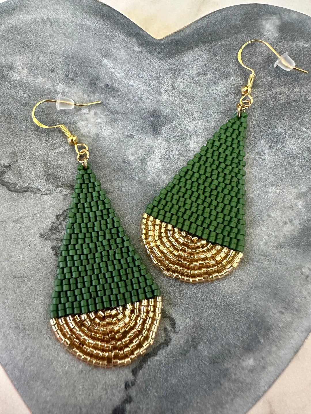 Green and Gold Seed Bead Earrings Handwoven Beaded Earrings Miyuki ...