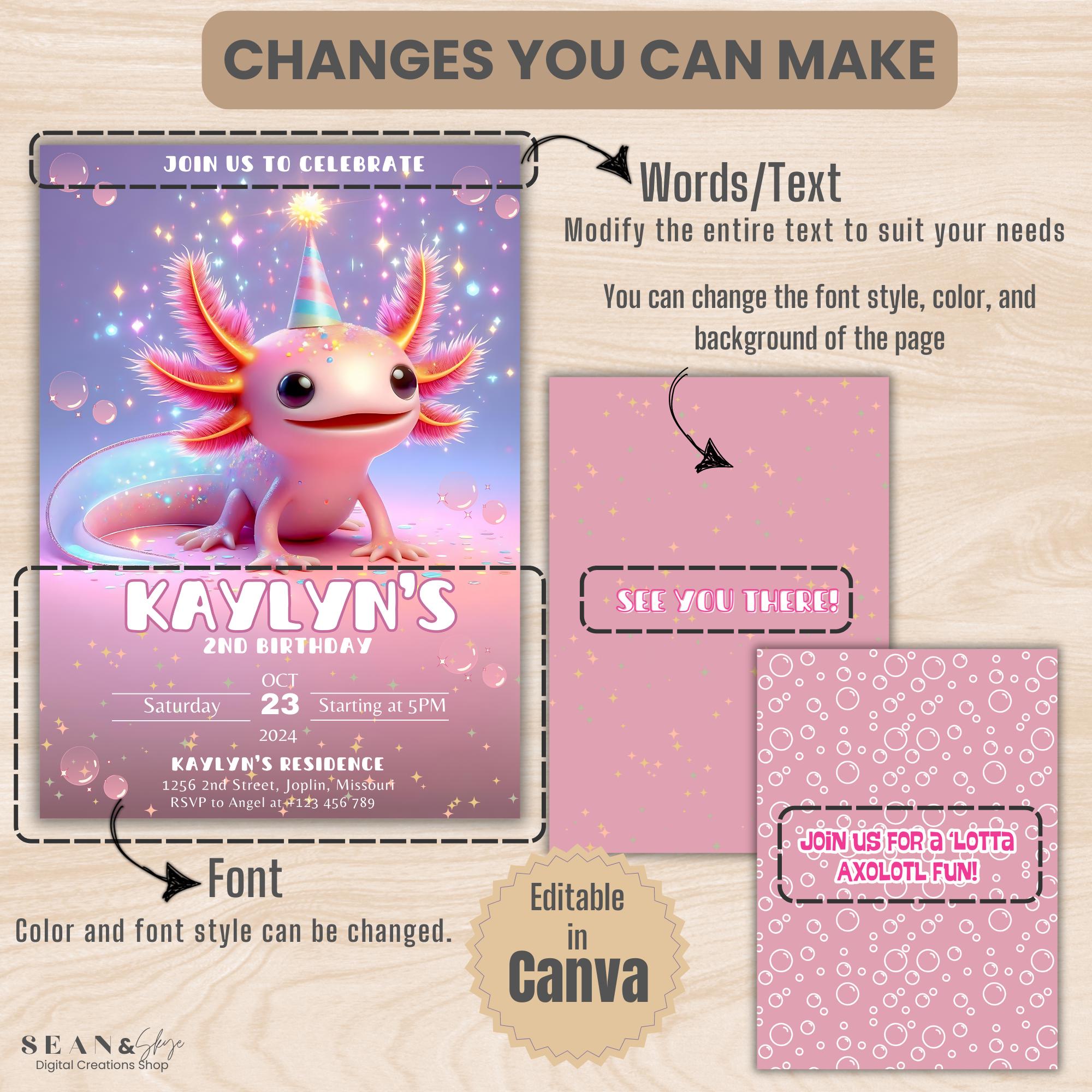 Editable Axolotl Birthday Invitation for Kids, Pink Girl Axolotl Invite ...