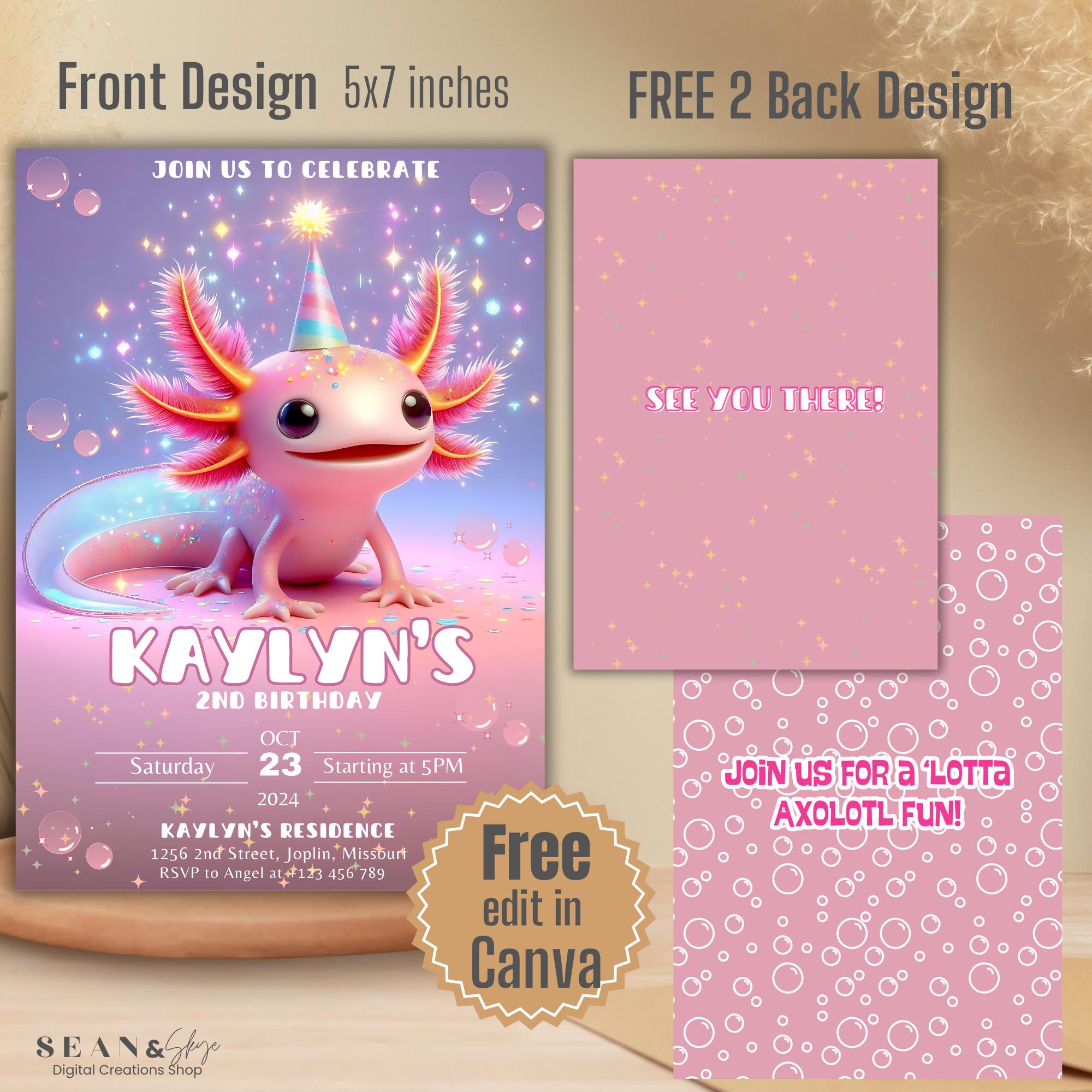 Editable Axolotl Birthday Invitation for Kids, Pink Girl Axolotl Invite ...