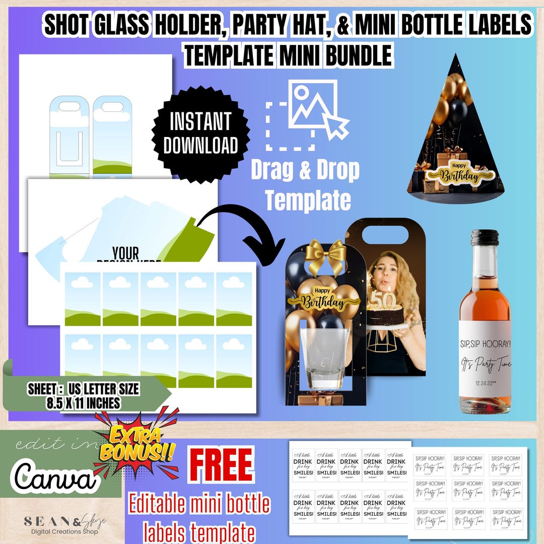 Editable Shot Glass Holder Template,party Hat Template,mini Bottle ...