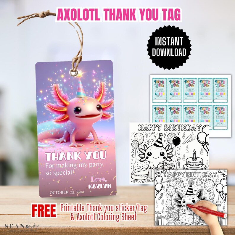 Editable Axolotl Thank You Tags,baby Axolotl, Kawaii Axolotl , Party ...