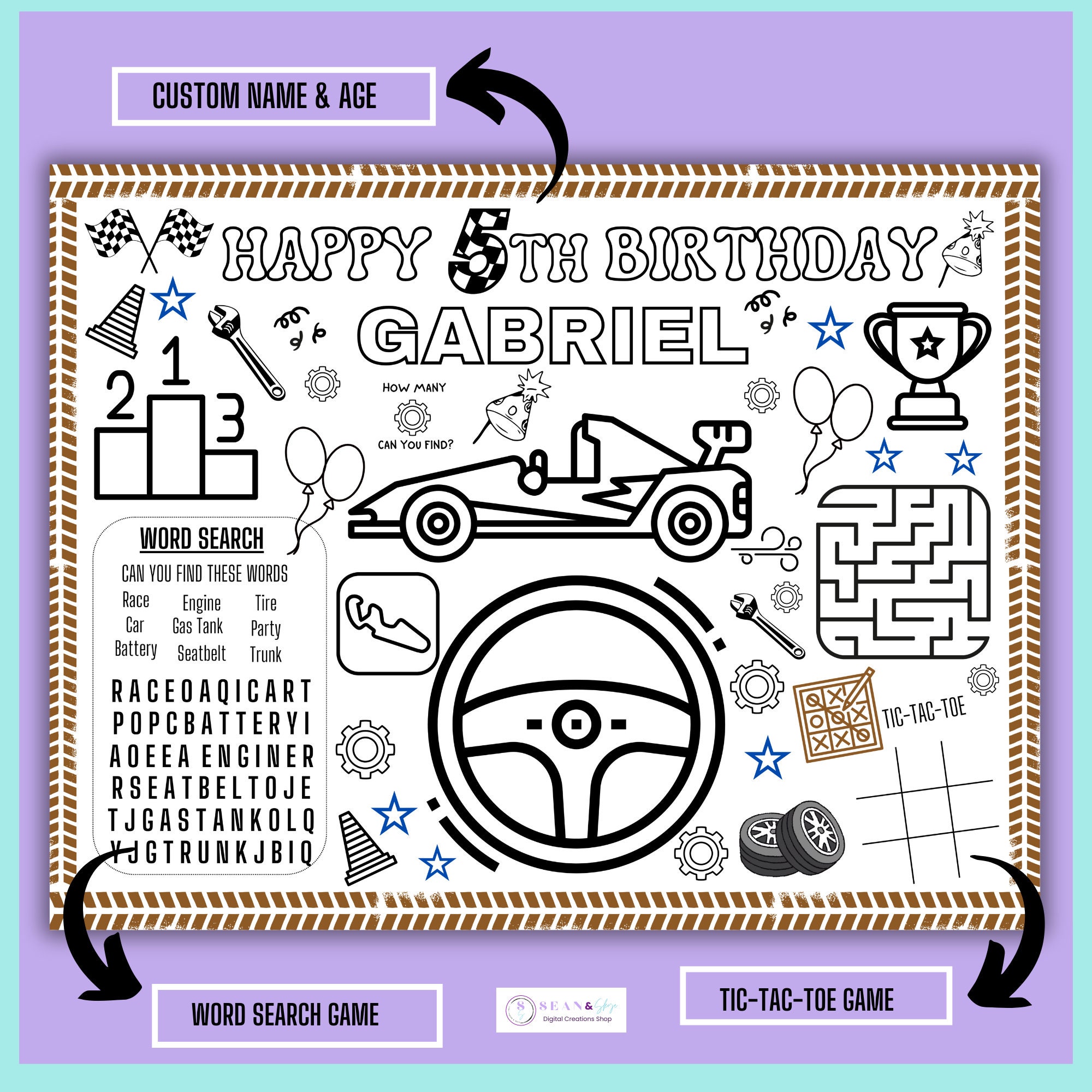 Race Car Birthday Party, Custom Coloring Sheet, Kids Activity Page ...