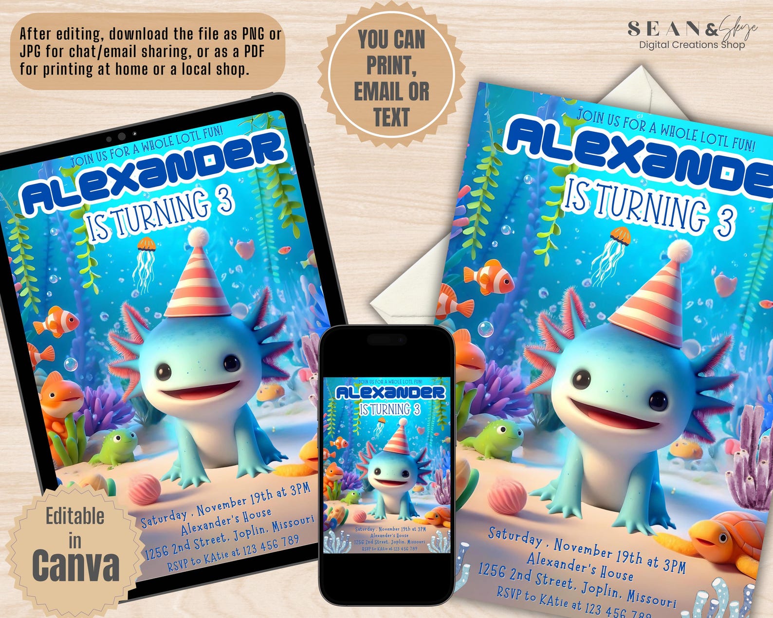Editable Axolotl Birthday Invitation for Kids, Axolotl Party ...