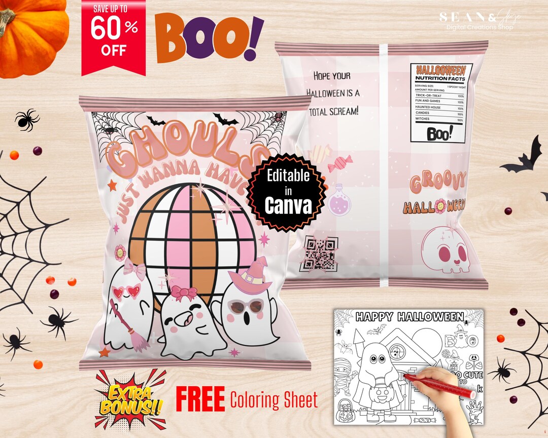 Halloween Trick-or-treat Bag, Editable Chip Bag, Fall Coquette ...