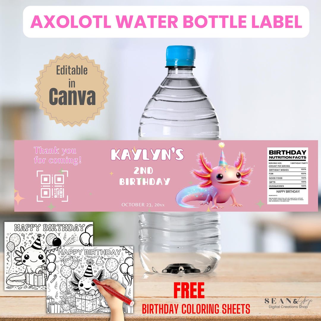 Editable Axolotl Water Bottle Label, Pink Girl Axolotl,axolotl Party ...