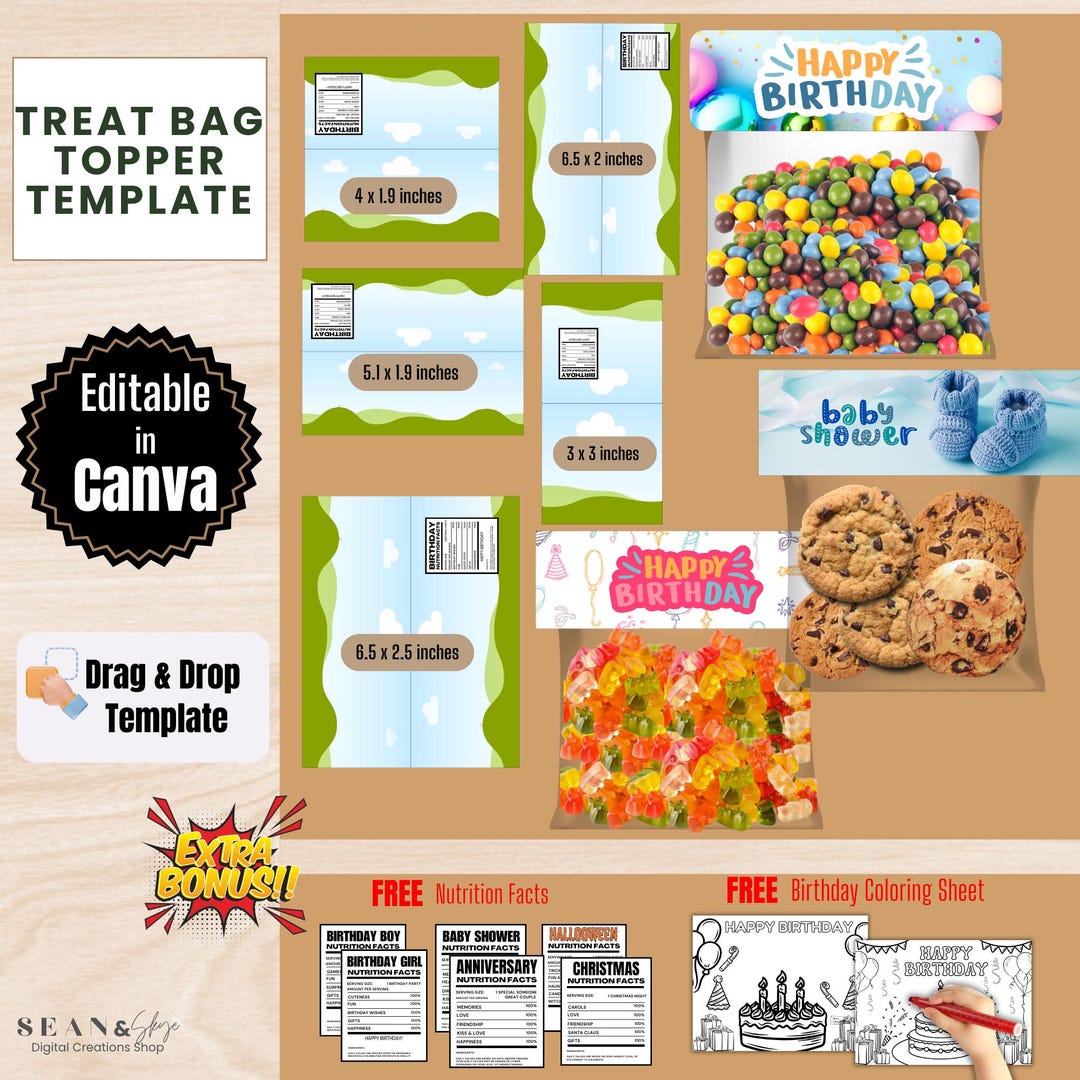 Treat Bag Toppers Template Bundle,party Favor Bag Template,custom Party ...