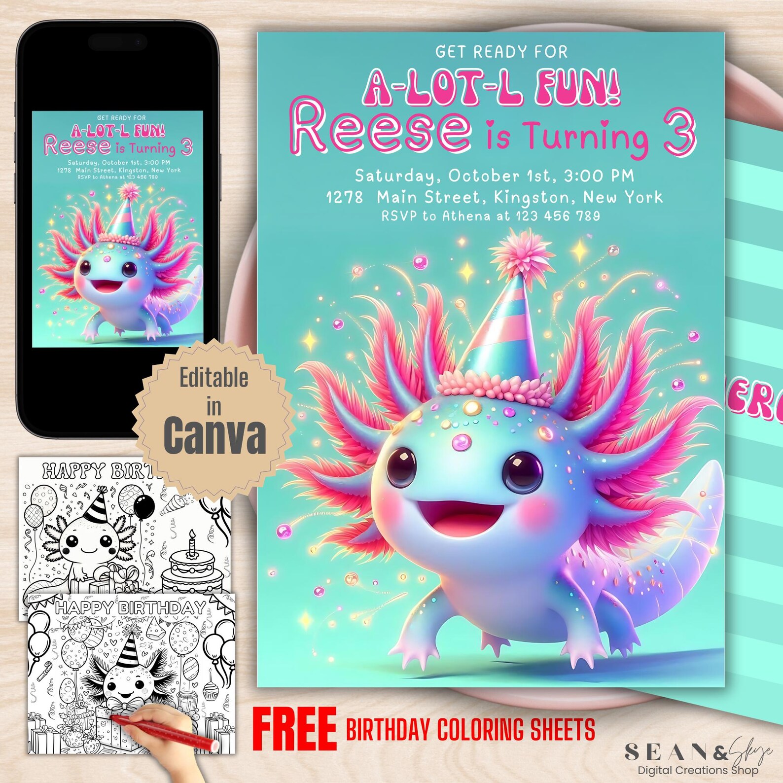 Editable Axolotl Birthday Invitation for Kids, Pink Girl Axolotl Invite ...