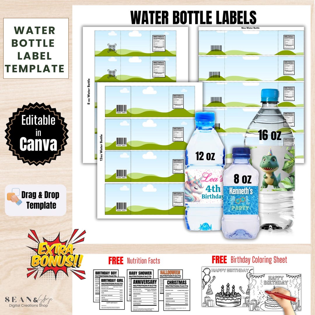 8oz, 12oz, 16oz Water Bottle Label Template,bottle Sticker Labels ...