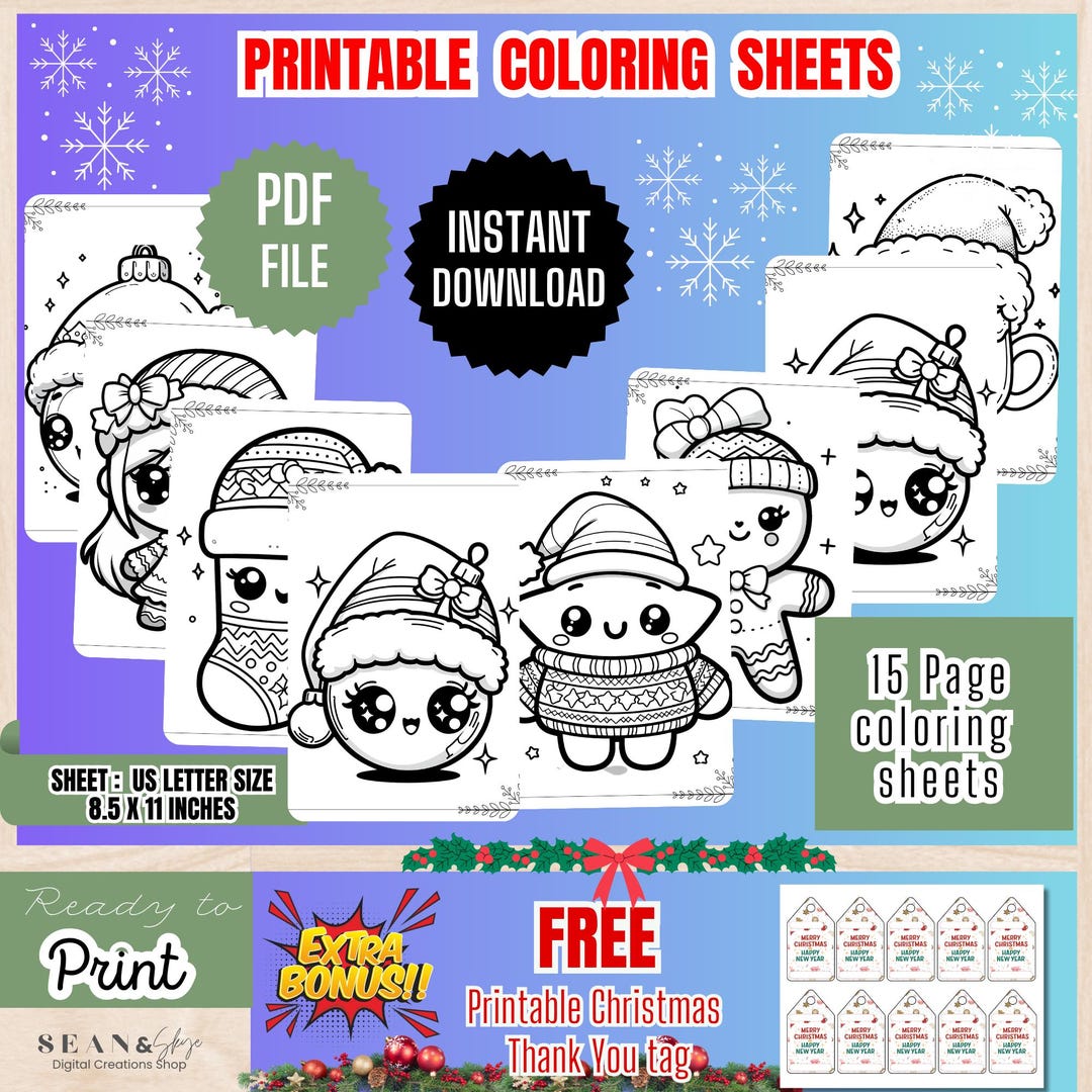 Printable Kawaii Christmas Coloring Sheet for Kids, Winter Kids ...