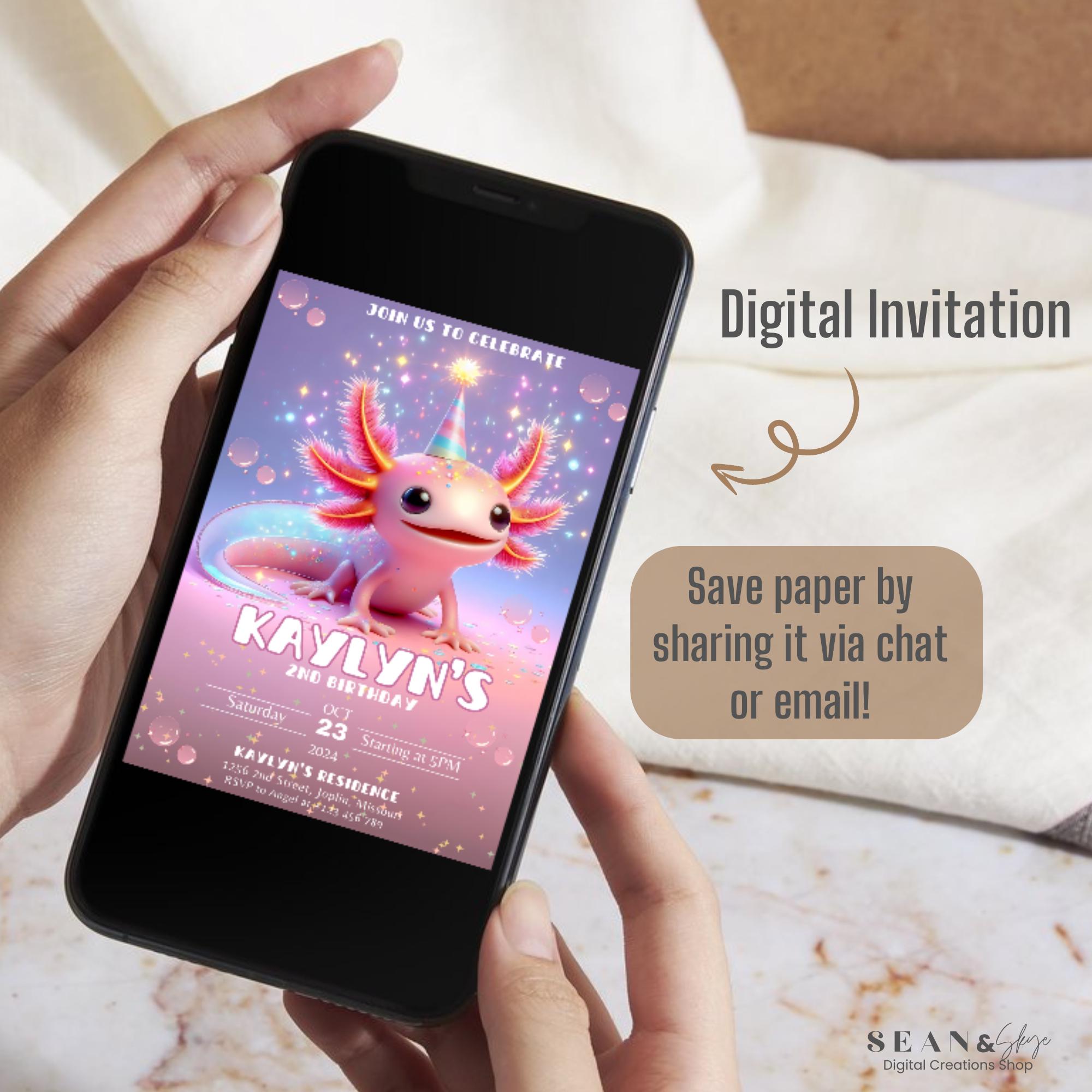 Editable Axolotl Birthday Invitation for Kids, Pink Girl Axolotl Invite ...